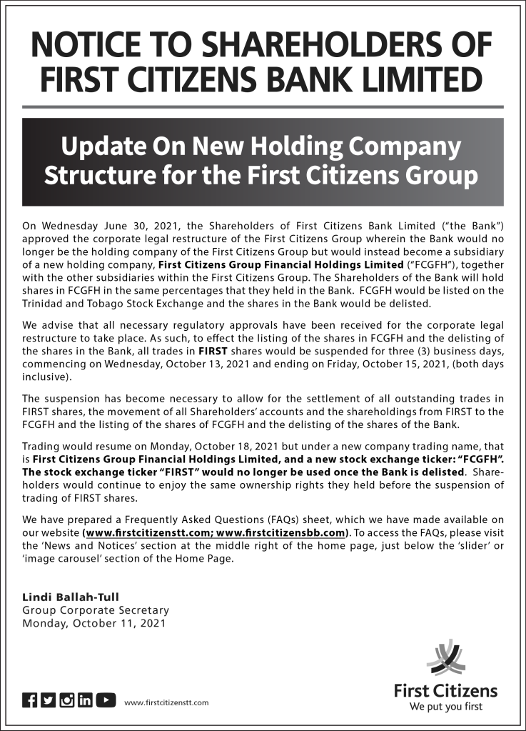 Notice to Shareholders of First Citizens Bank Limited - Barbados