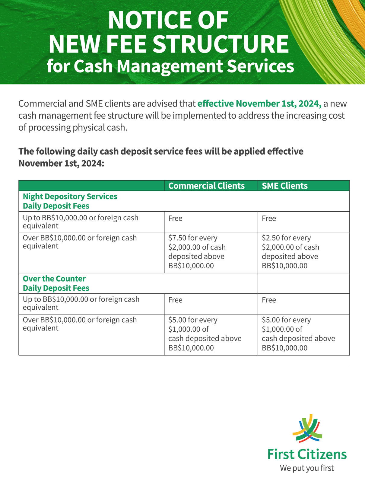 Notice of New Fee Structure for Cash Management Services - Barbados