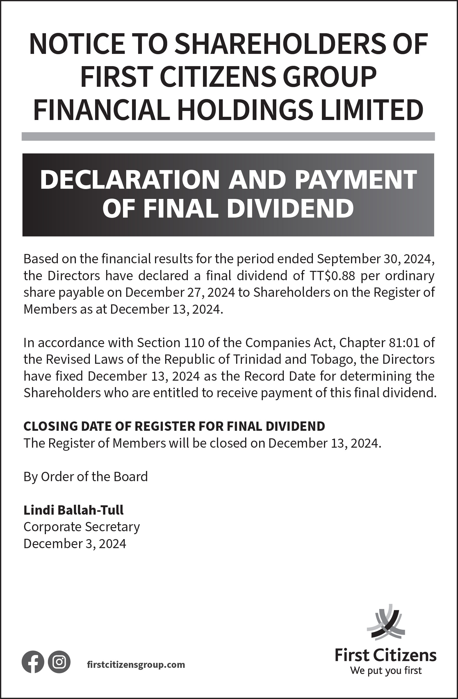 Notice To Shareholders Of First Citizens Group Financial Holdings ...