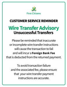 Wire Transfer Advisory Unsuccessful Transfers - Trinidad and Tobago