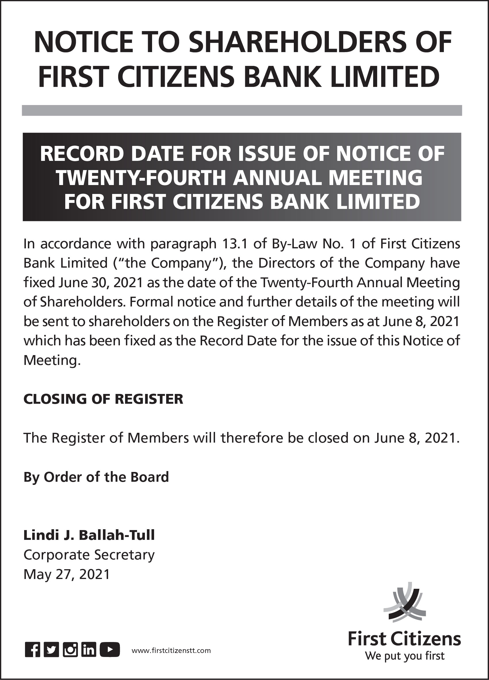 Notice to Shareholders of First Citizens Bank Limited - Trinidad and Tobago