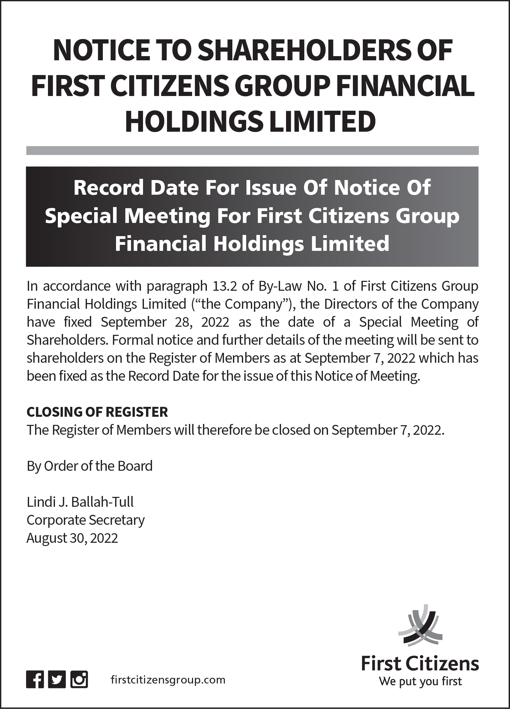 Notice to Shareholders of First Citizens Group Financial Holdings ...