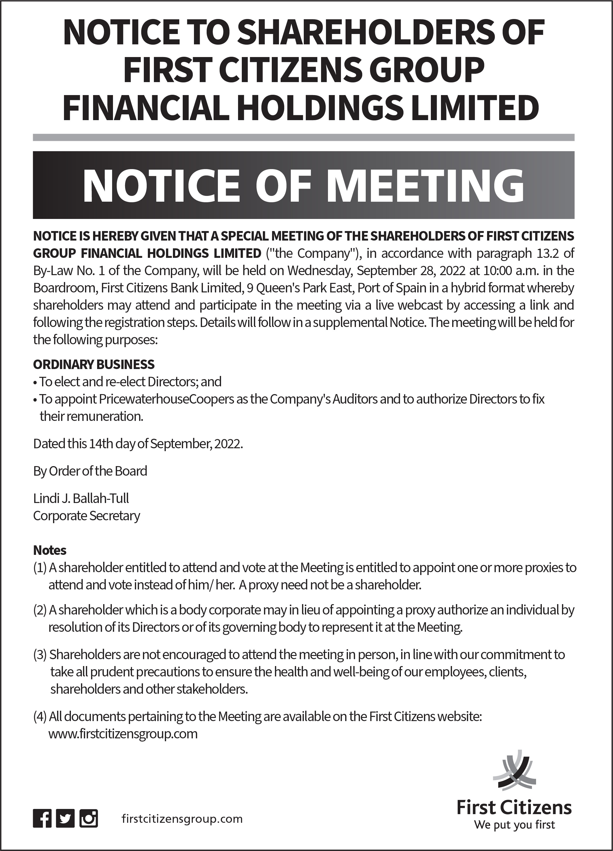 Notice to Shareholders of First Citizens Group Financial Holdings ...