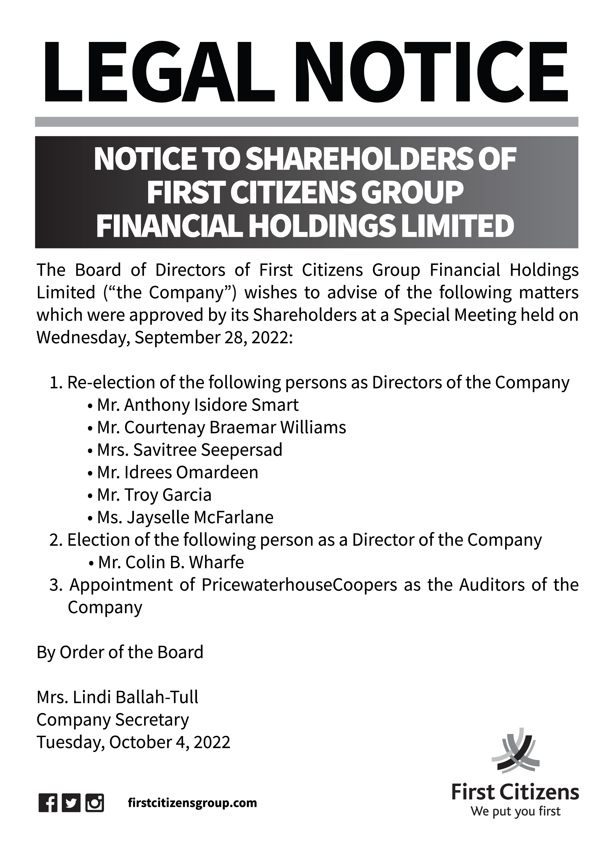 Notice to Shareholders of First Citizens Group Financial Holdings ...