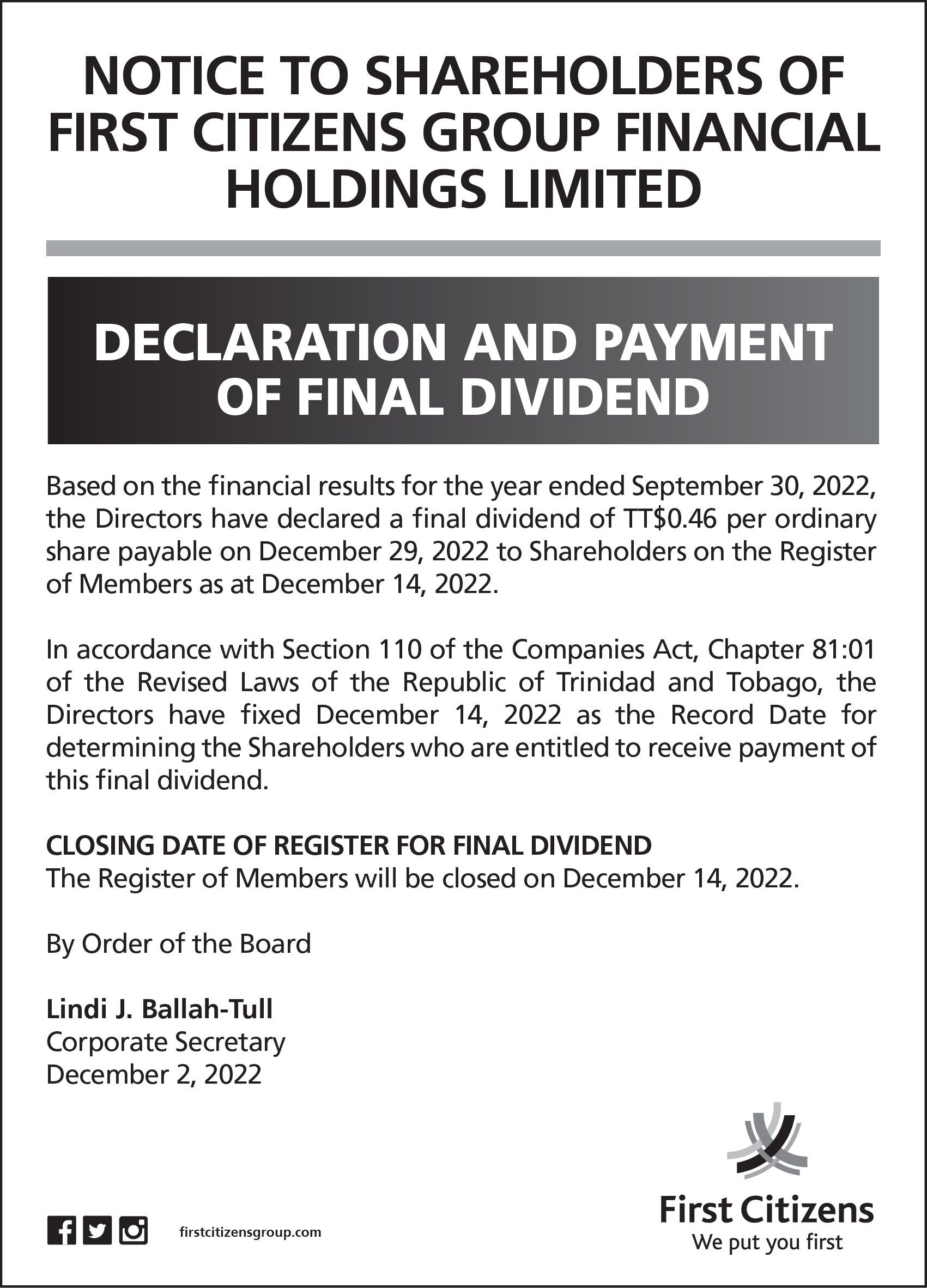 Notice to Shareholders of First Citizens Group Financial Holdings ...