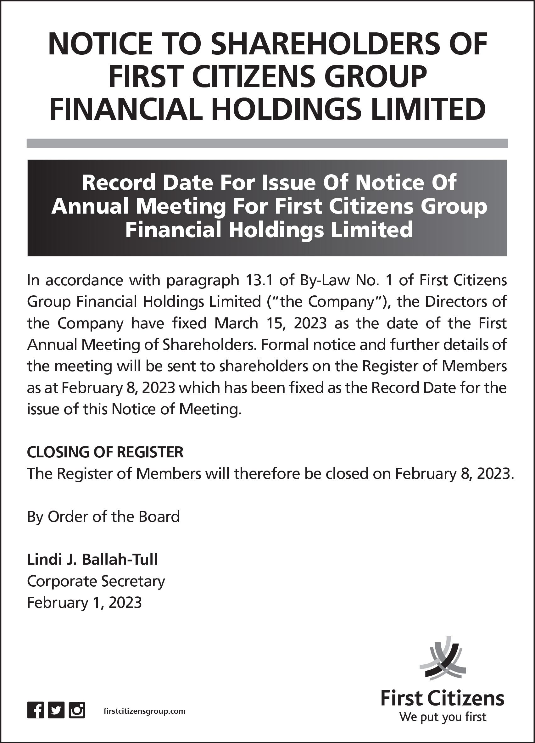 Notice To Shareholders Of First Citizens Group Financial Holdings ...