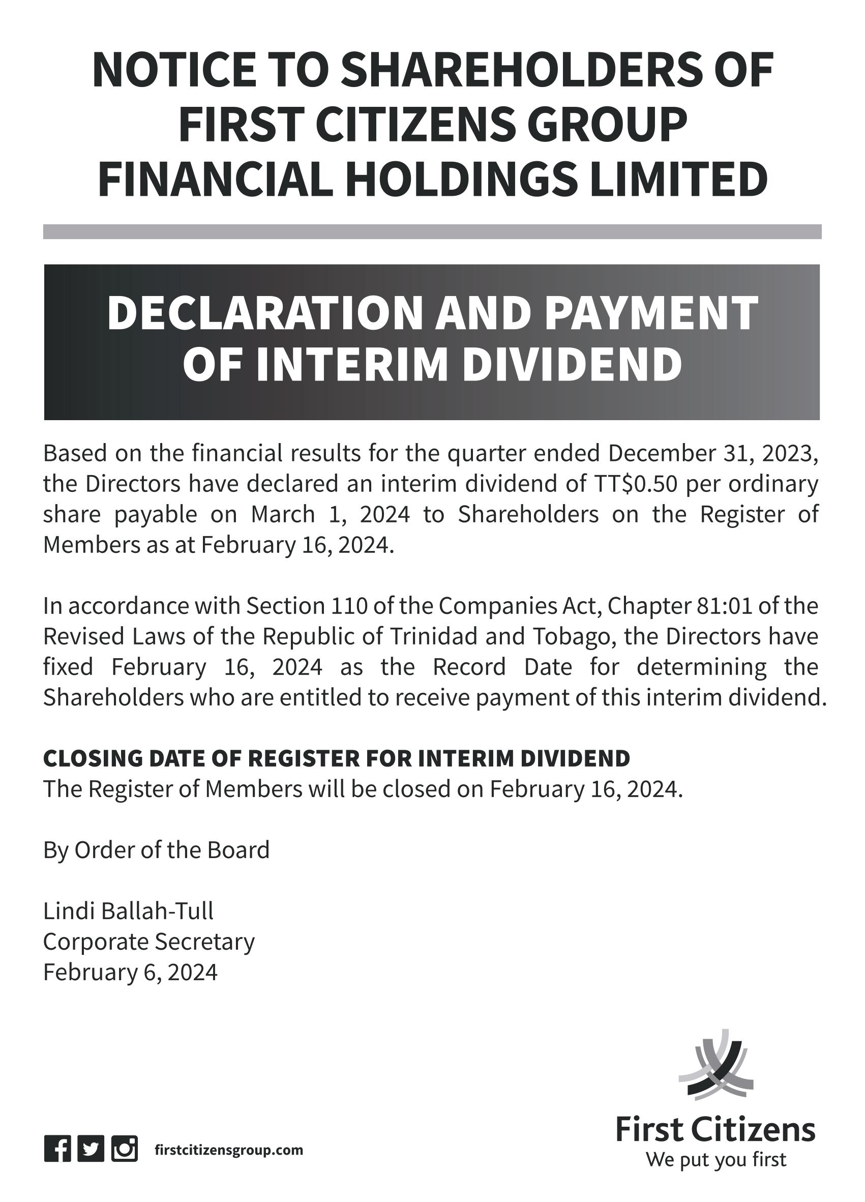 Notice To Shareholders Of First Citizens Group Financial Holdings ...